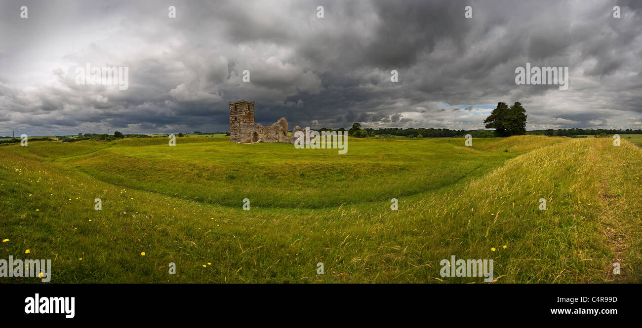 Panorama of Knowlton Neolithic Henge and Norman Church, Dorset, UK ...
