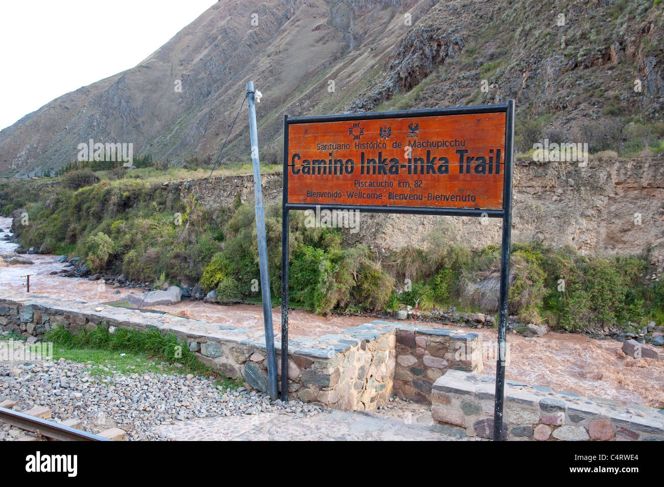 A sign designating the beginning of the Inca Trail in the Urubamba ...
