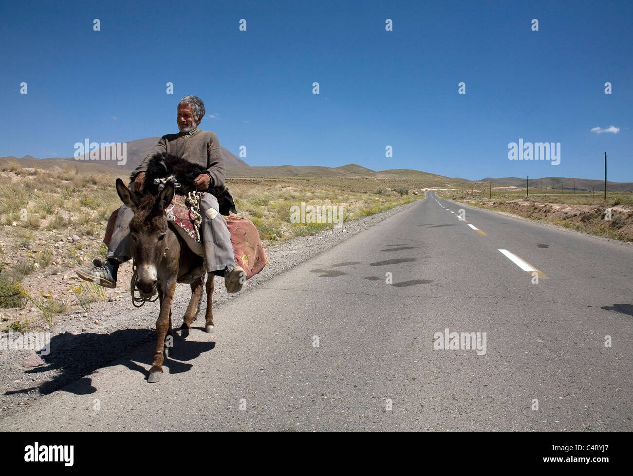 Lonely man riding donkey on the road between Kandovan and Osku, Iran ...