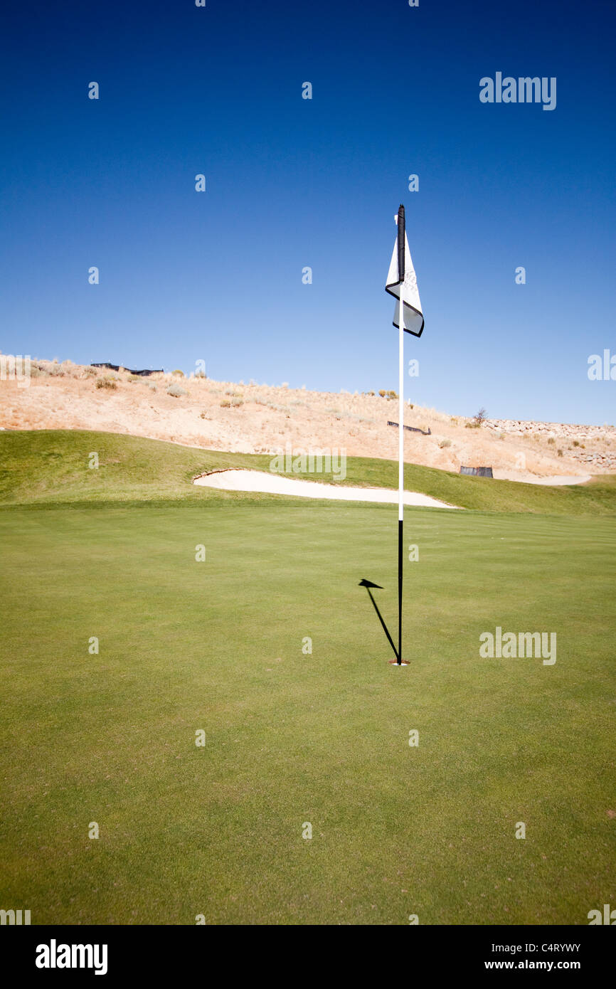 golf course flag on the putting green grass landscape golfing Stock ...