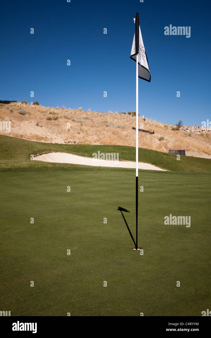 golf course flag on the putting green grass landscape golfing Stock ...