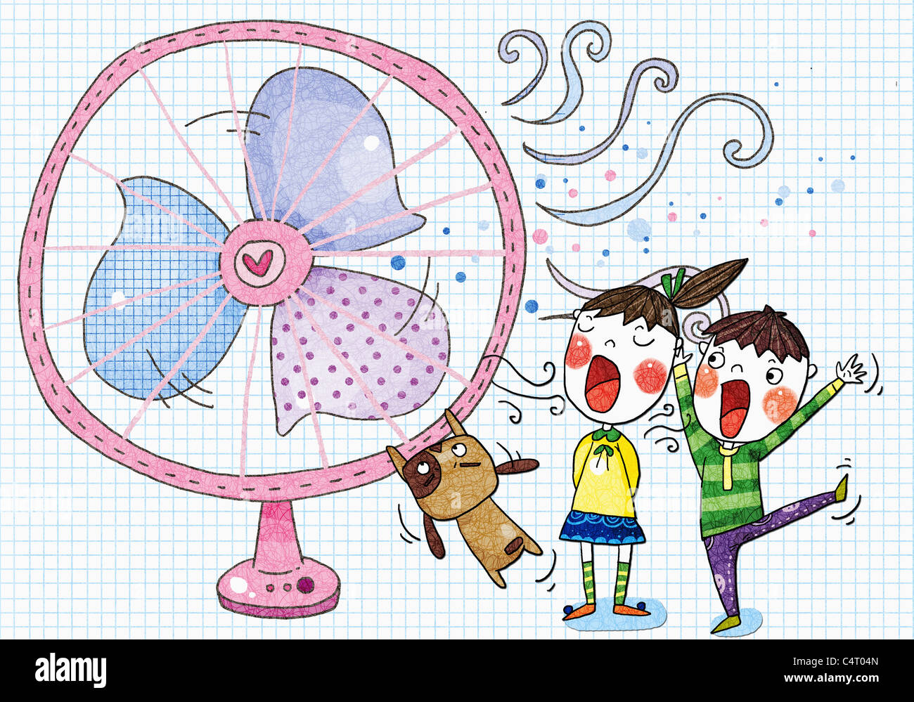 children and doggy enjoying electric fan's wind Stock Photo - Alamy