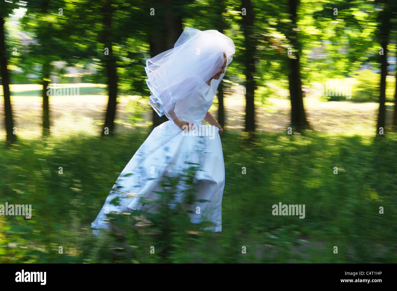 runaway bride in the woods Stock Photo - Alamy