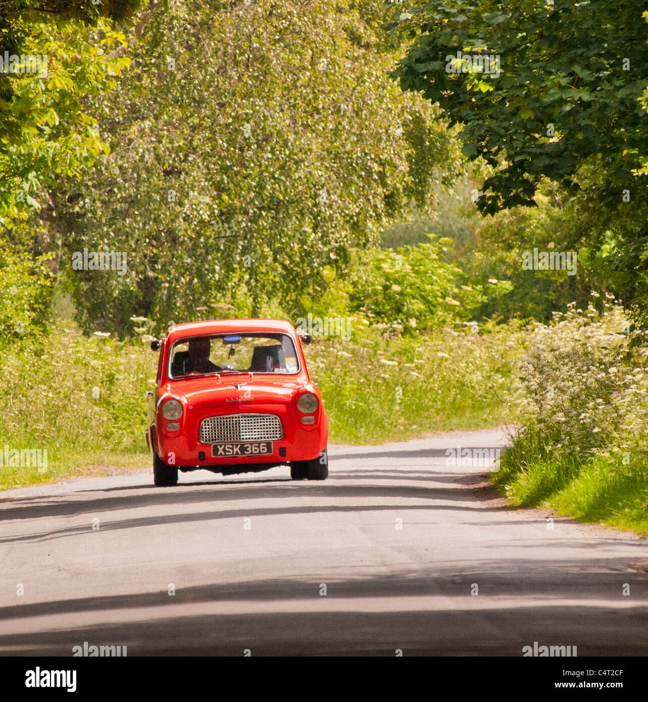 Renovated classic car 1959 Ford Anglia 100E driving in English country ...