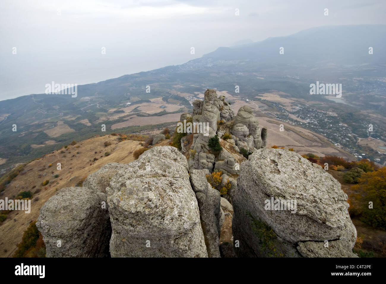 Rocky columns in Crimea mountains. Wild rock landscape. Demerdgi ...