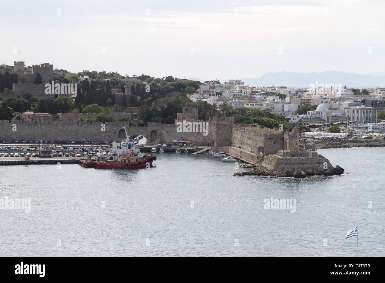 Aerial view of Rhodes, Greece. Remnants of the old medieval wall and ...