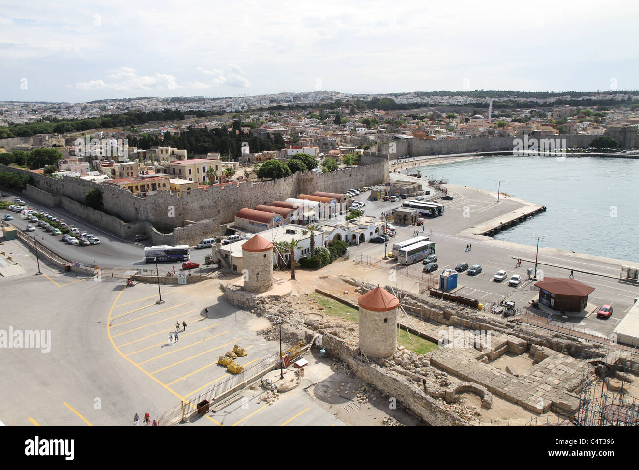 Aerial view of Rhodes, Greece. Remnants of the old medieval wall and ...