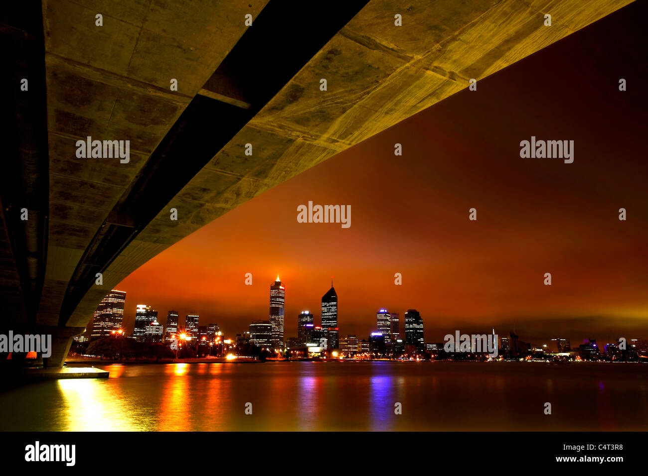 Skyline across the Swan River from under the Narrows Bridge, Perth ...