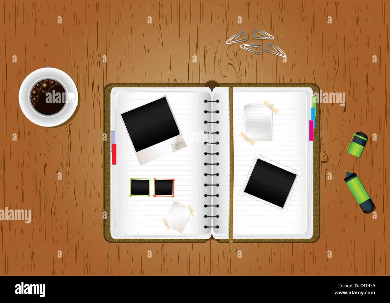 Office desktop. Scrapbook, cup of coffee, blank paper, marker and ...