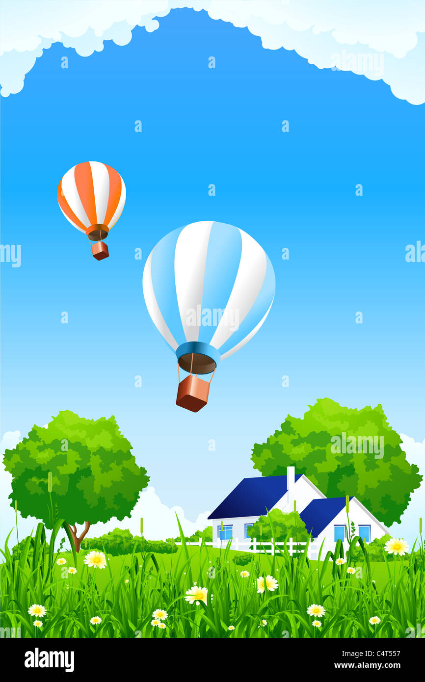 Green home background with flowers grass and balloons Stock Photo - Alamy