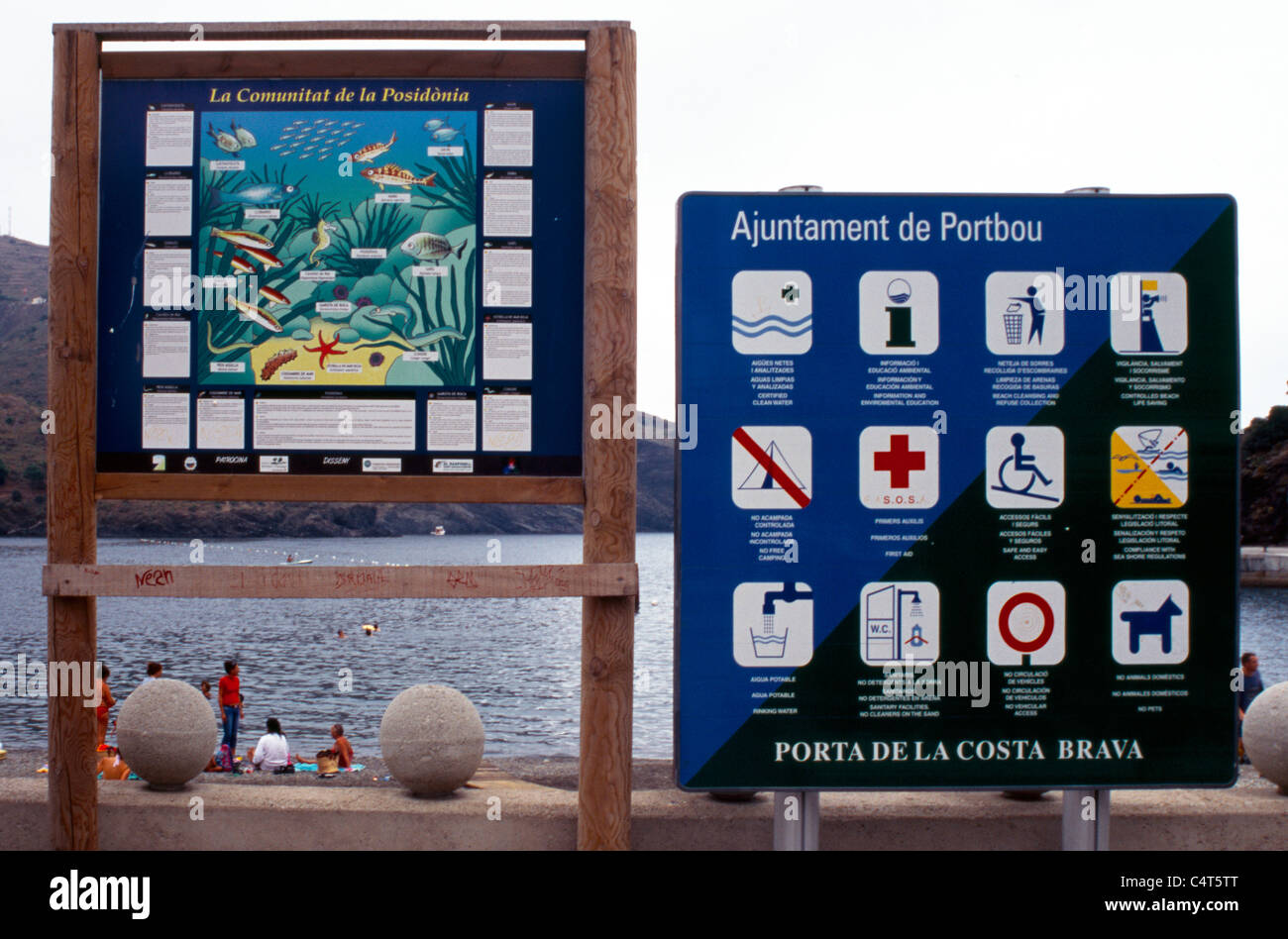 Portbou Spain Catalonia Signs On Safety And Fish In The Sea Stock Photo ...