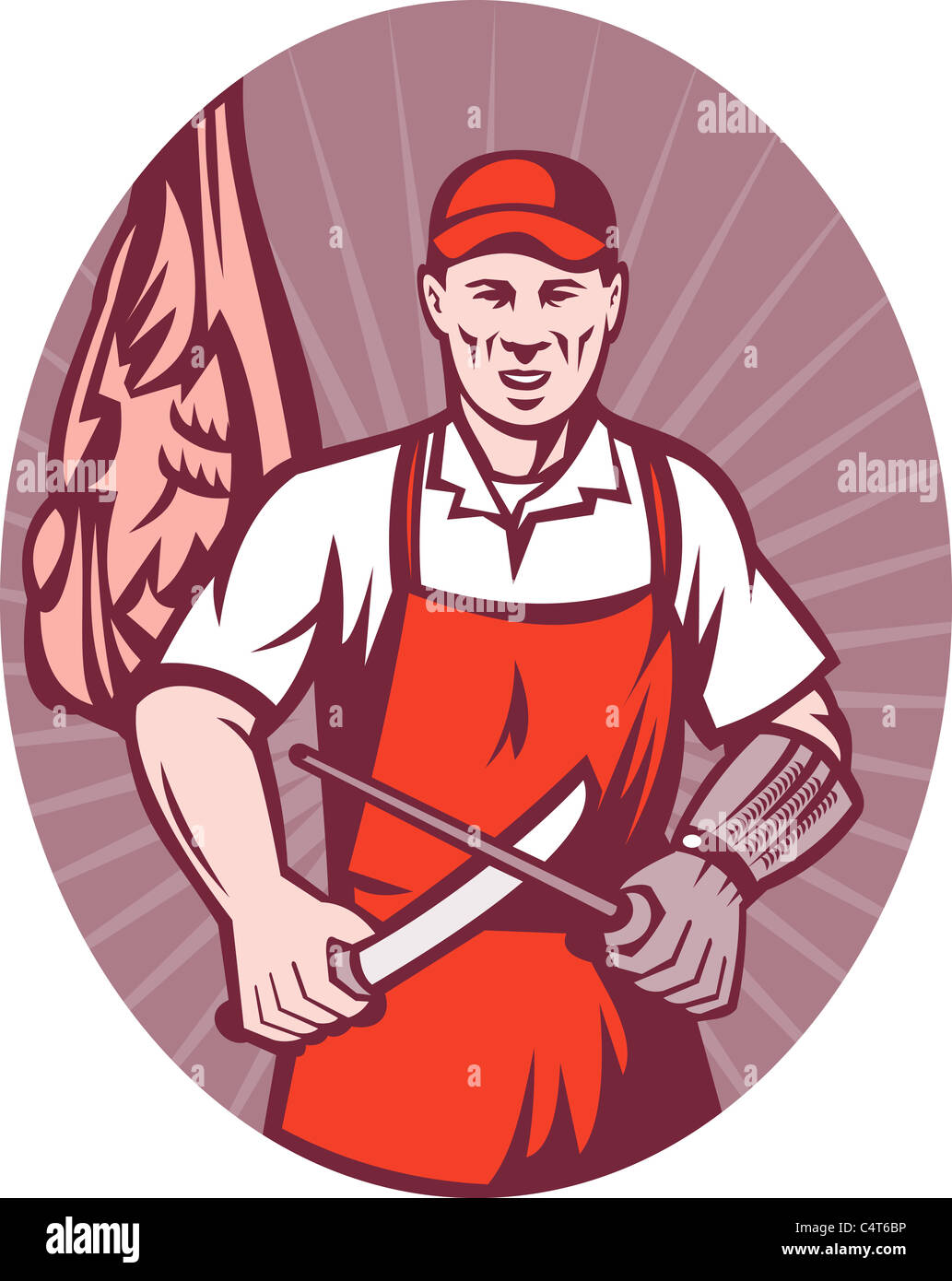 illustration of a meat butcher with knife and sharpener done in retro ...