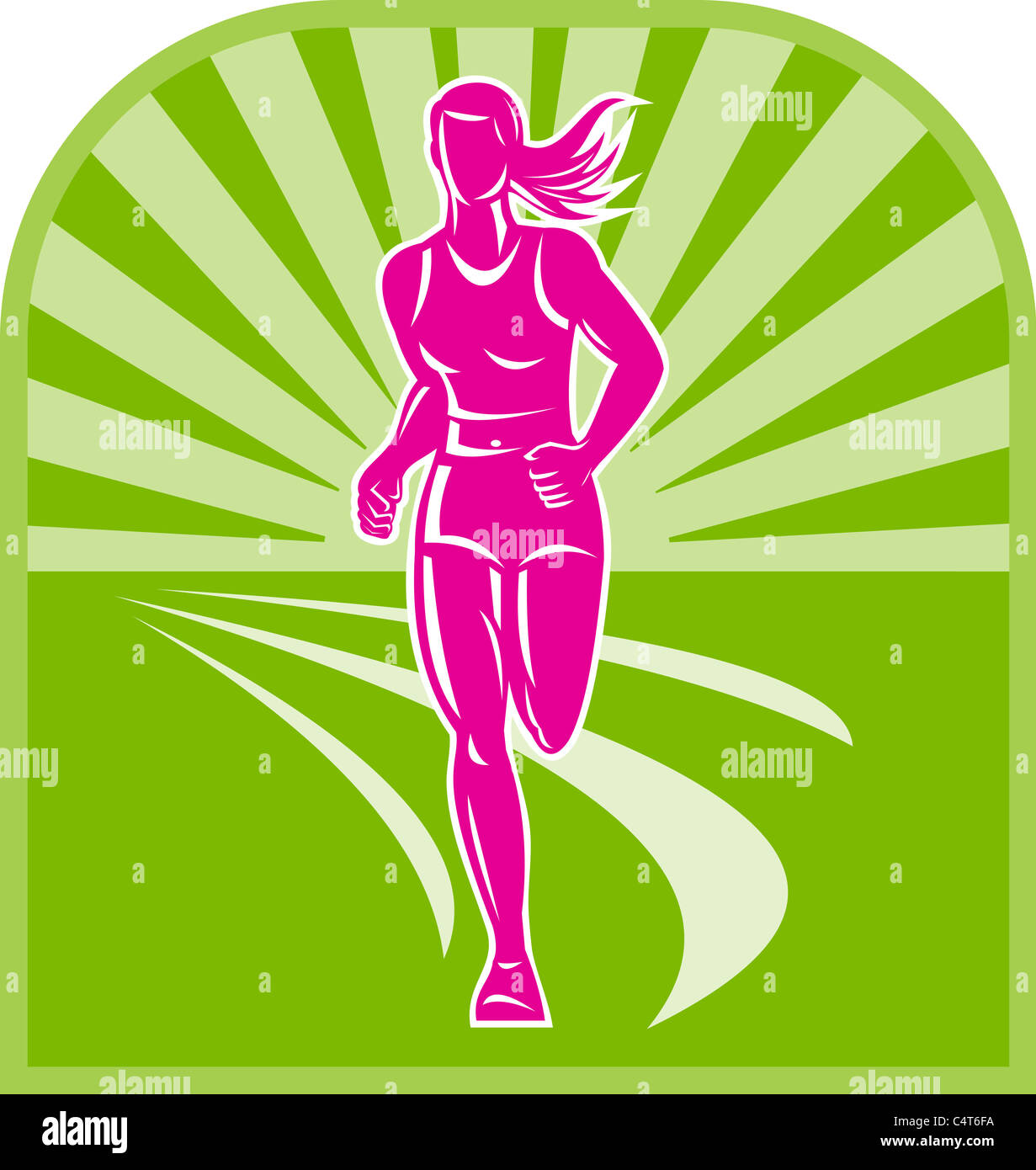 illustration of a female marathon runner front view with sunburst in ...