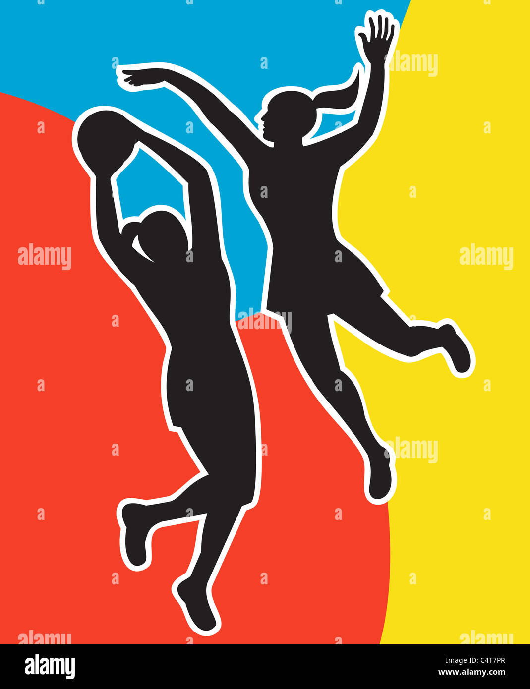 illustration of two netball players silhouette jumping shooting ...