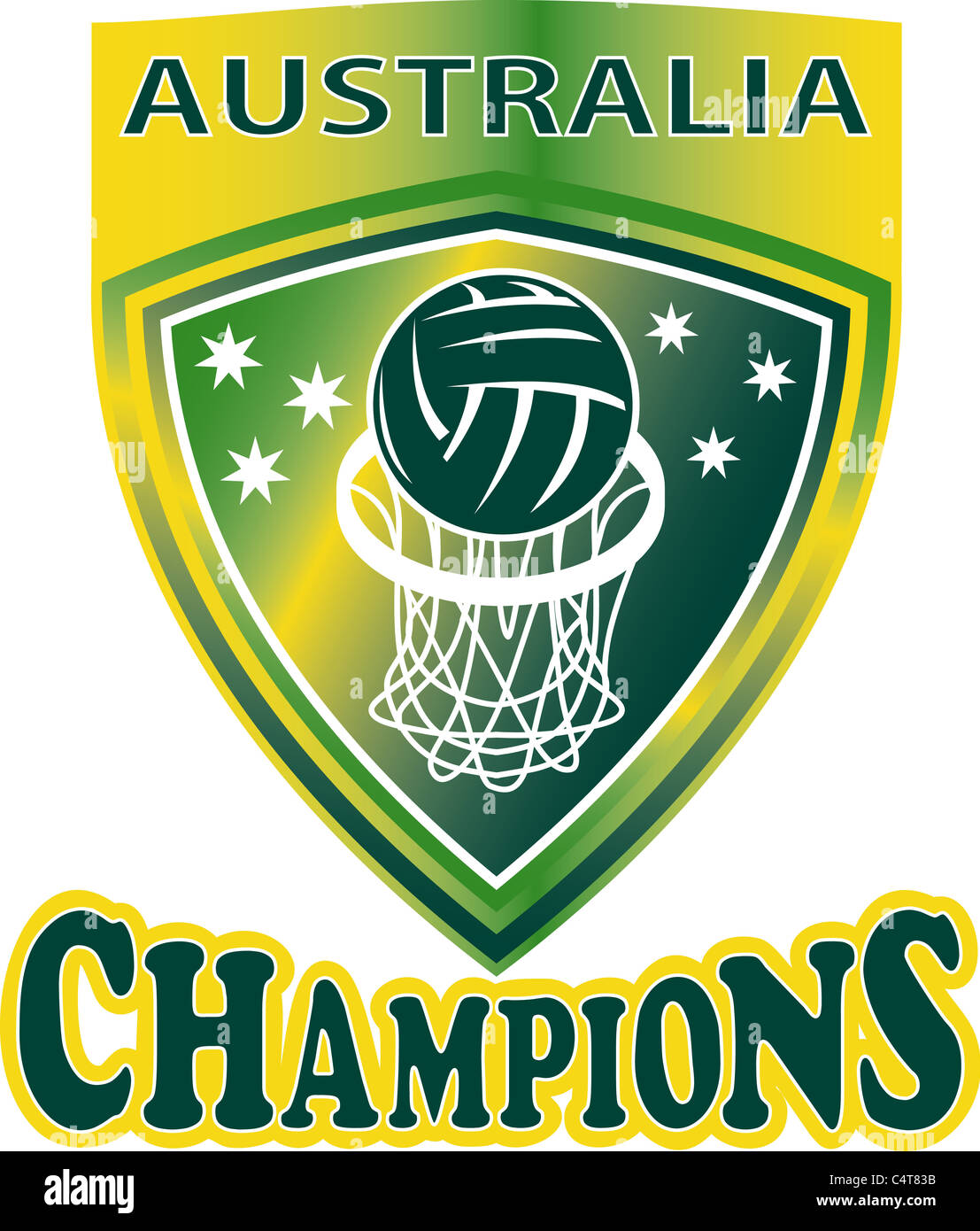 illustration of a netball ball and net hoop set inside shield with ...