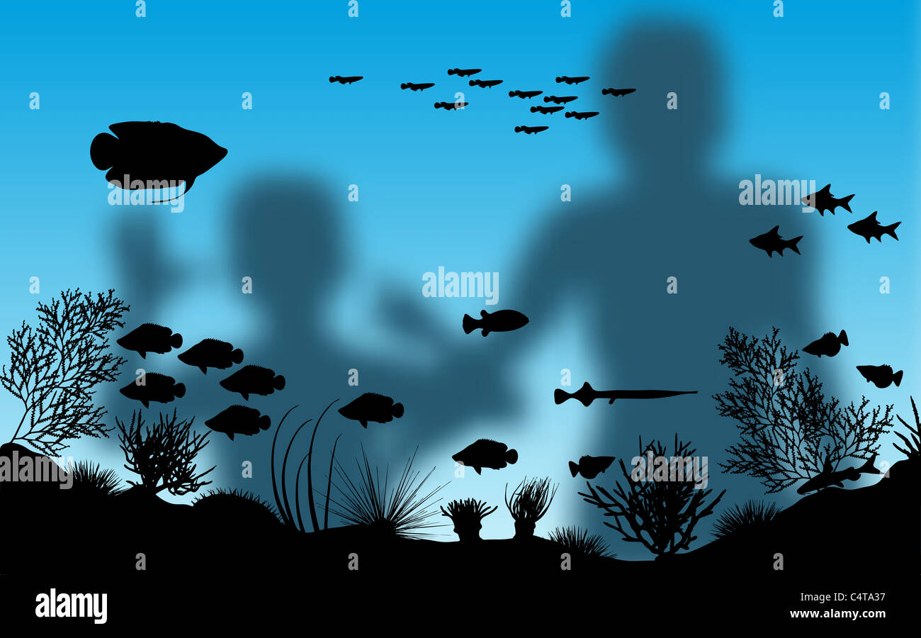 Illustration of blurred mother and son looking at fish in an aquarium ...