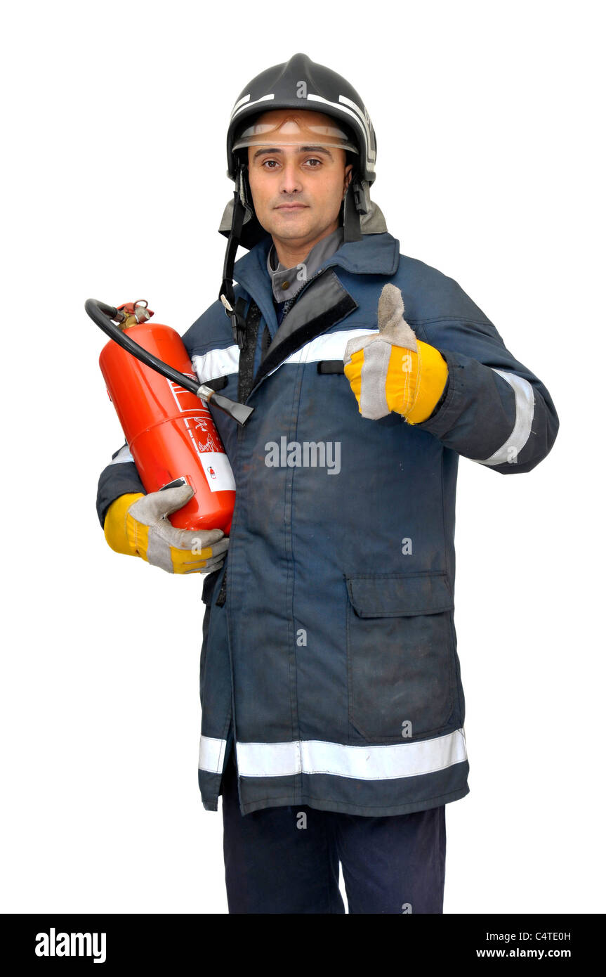 Fireman with extinguisher isolated in white Stock Photo - Alamy