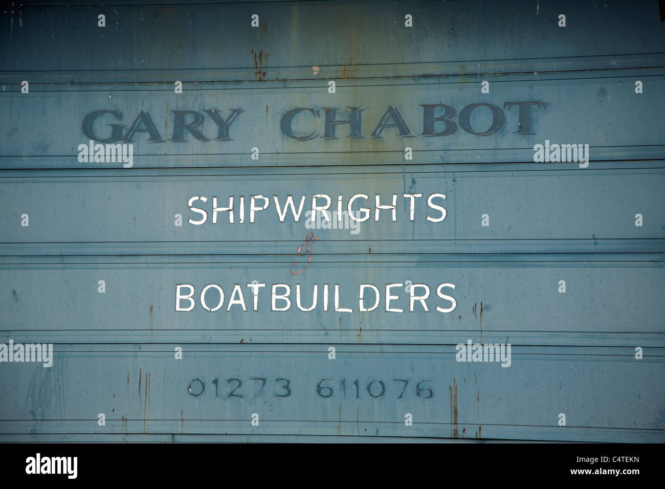 Gary Chabot shipwrights boatbuilders shed door Newhaven, East Sussex ...