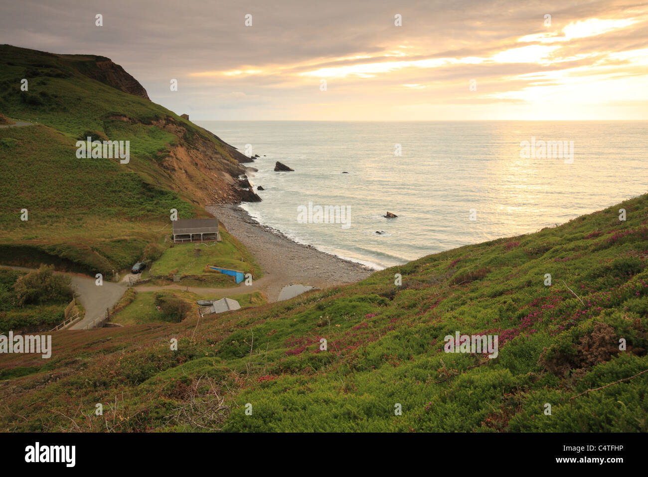 Setting sun at Millook Haven, viewed from coastal path, North Cornwall ...