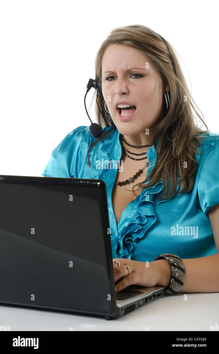 Full figured woman at help desk Stock Photo - Alamy