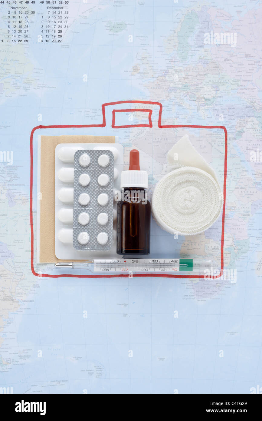 First Aid Travel Kit and Map Stock Photo - Alamy