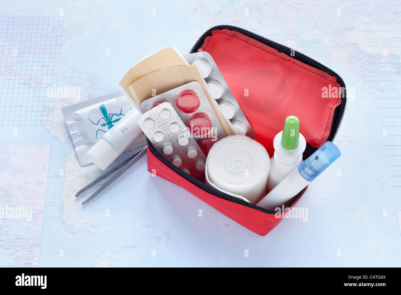 First Aid Travel Kit and Map Stock Photo - Alamy