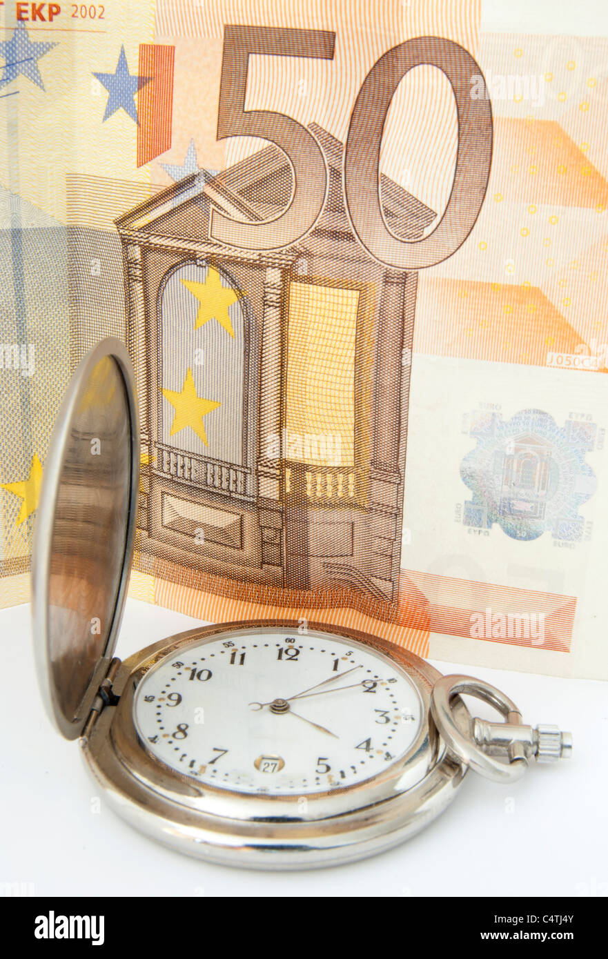 euro money, a watch and chain Stock Photo - Alamy