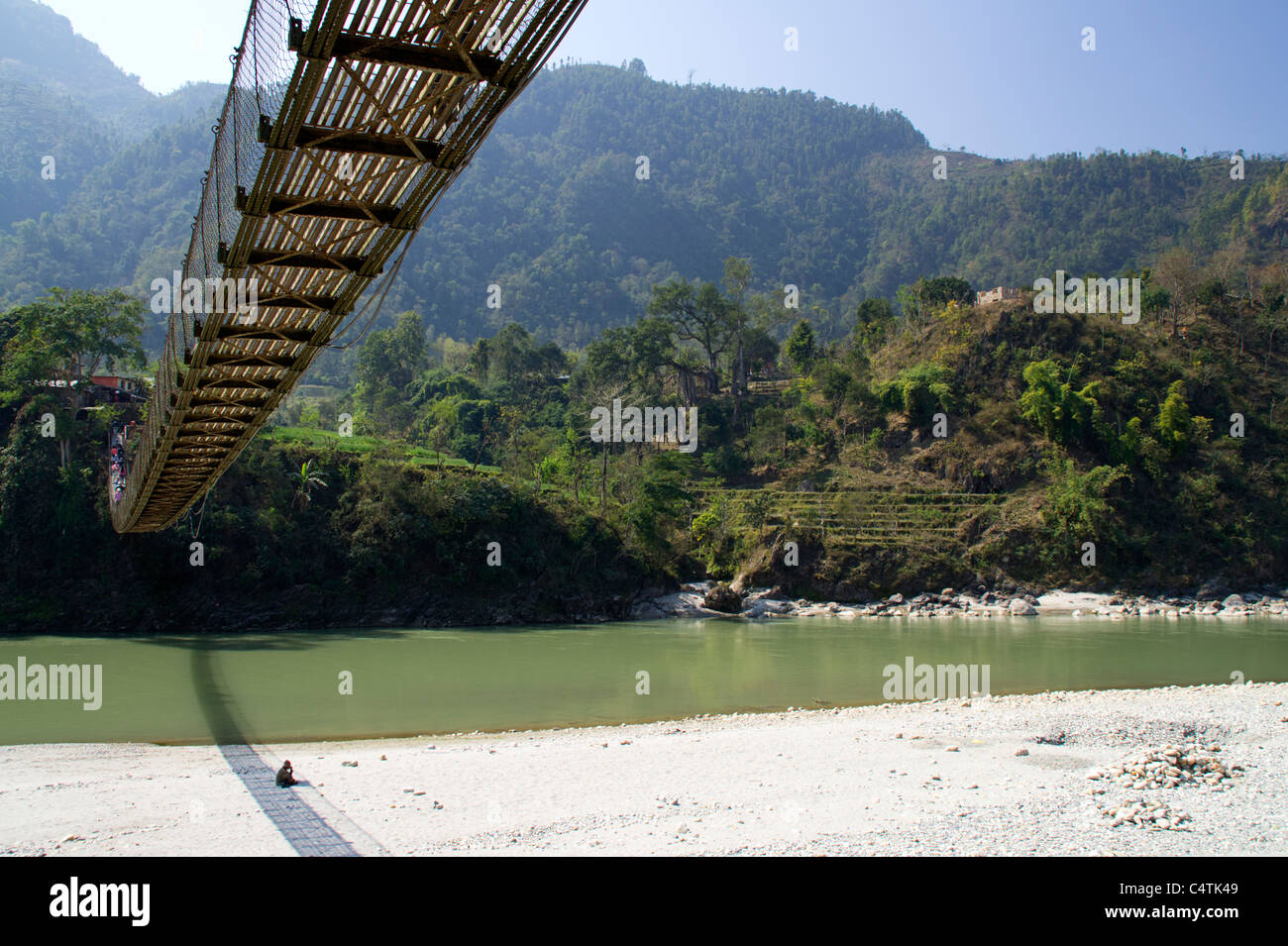 Suspension bridge crossing the Trishuli River, Central Region, Nepal ...