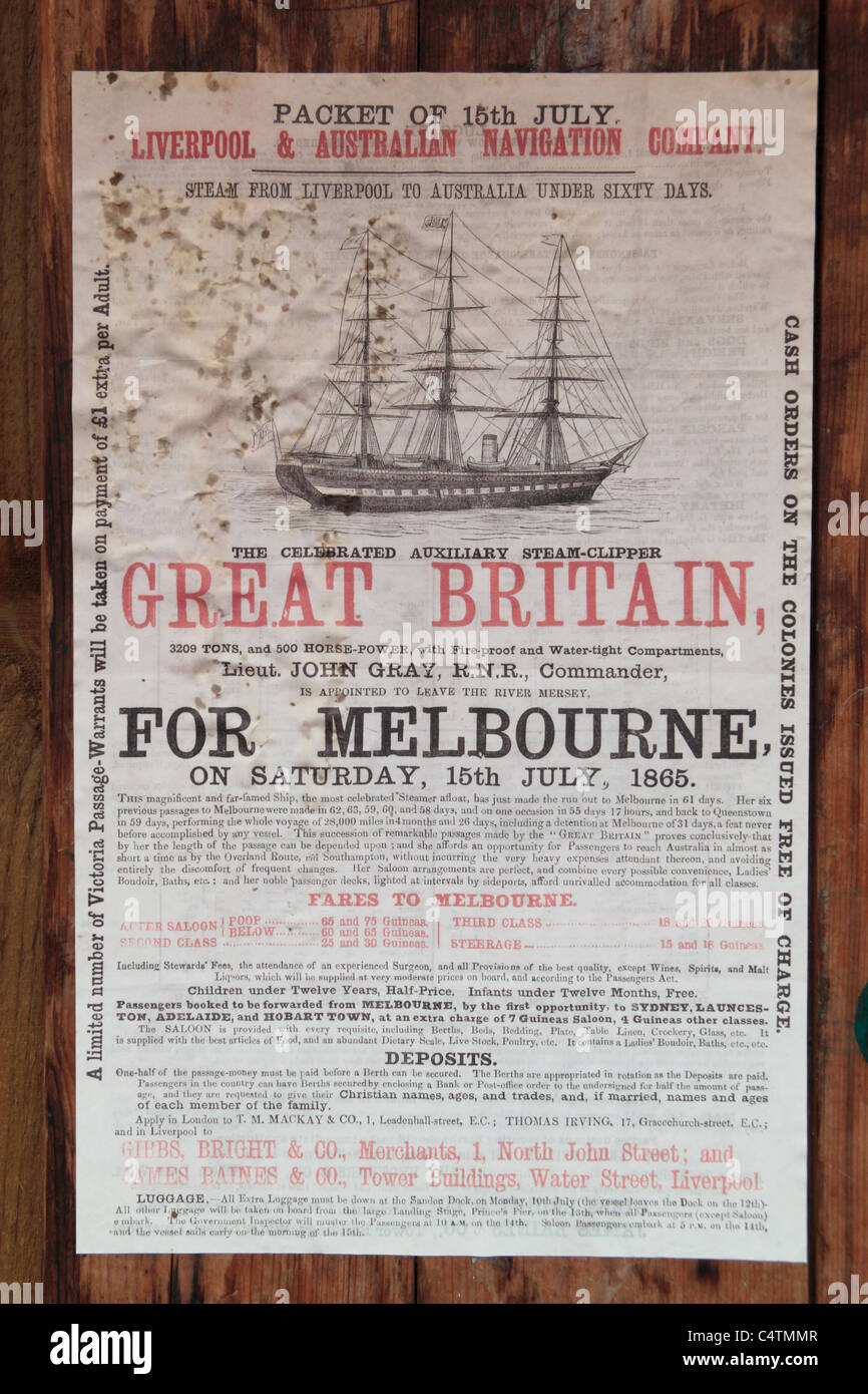 Reproduction of an 1863 advert for sailings to Melbourne, Great Western ...