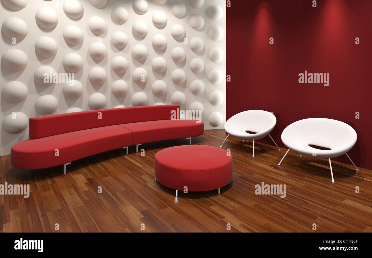 modern design of a red and white interior with seats and curved wall ...