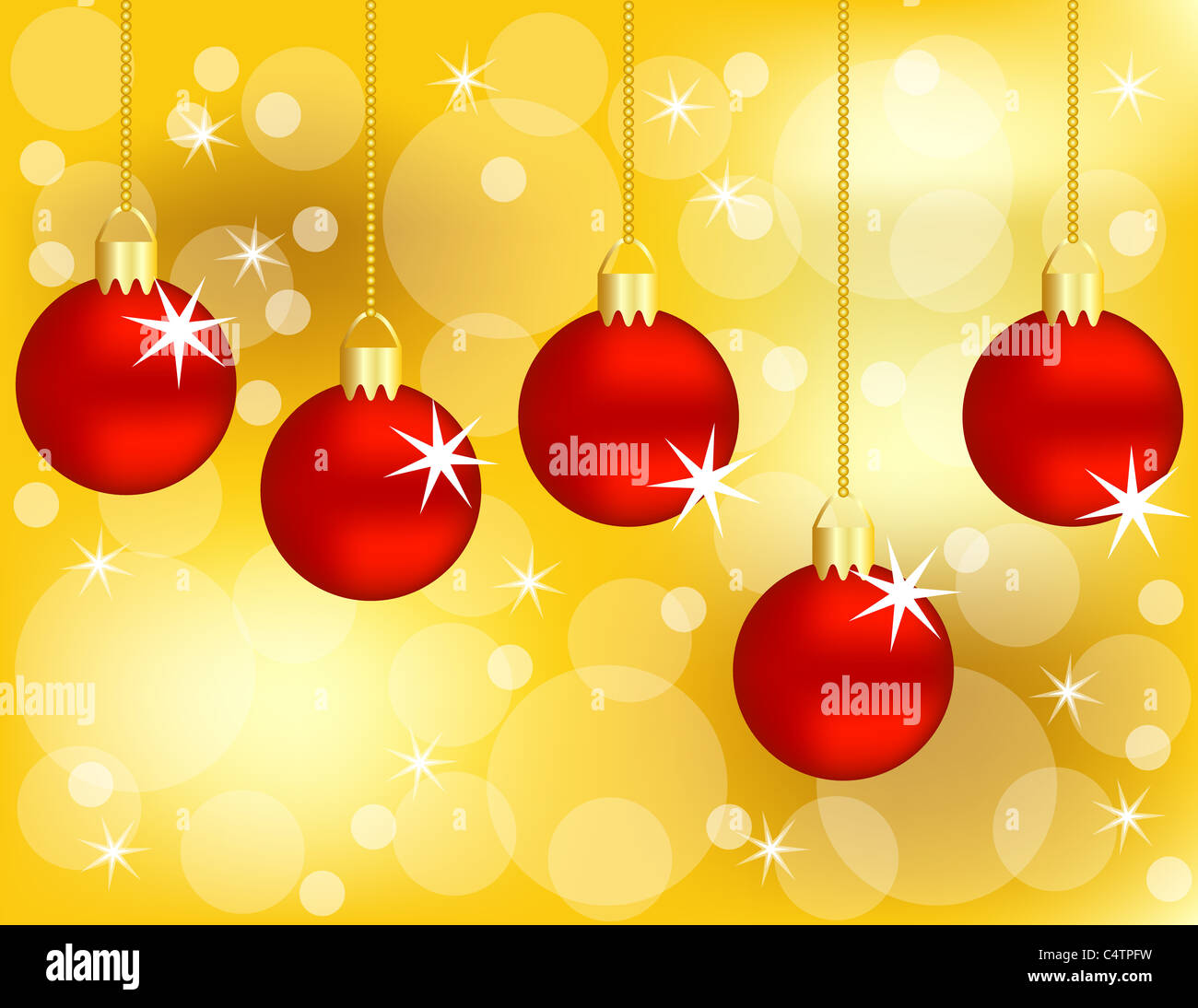 Set of Hanging Red Christmas Ornaments on a Golden Background Stock ...