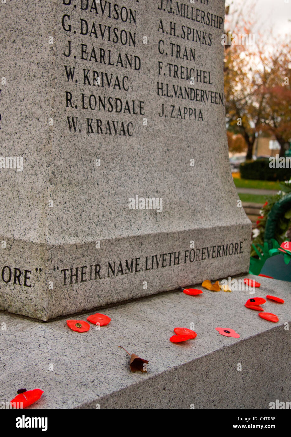Cenotaph with names of fallen soldiers and red poppies on Remembrance ...