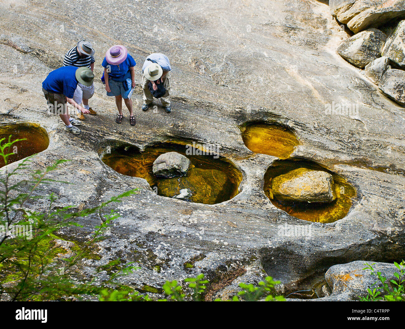 group of people, scientists, looking at water holes in ground rock ...