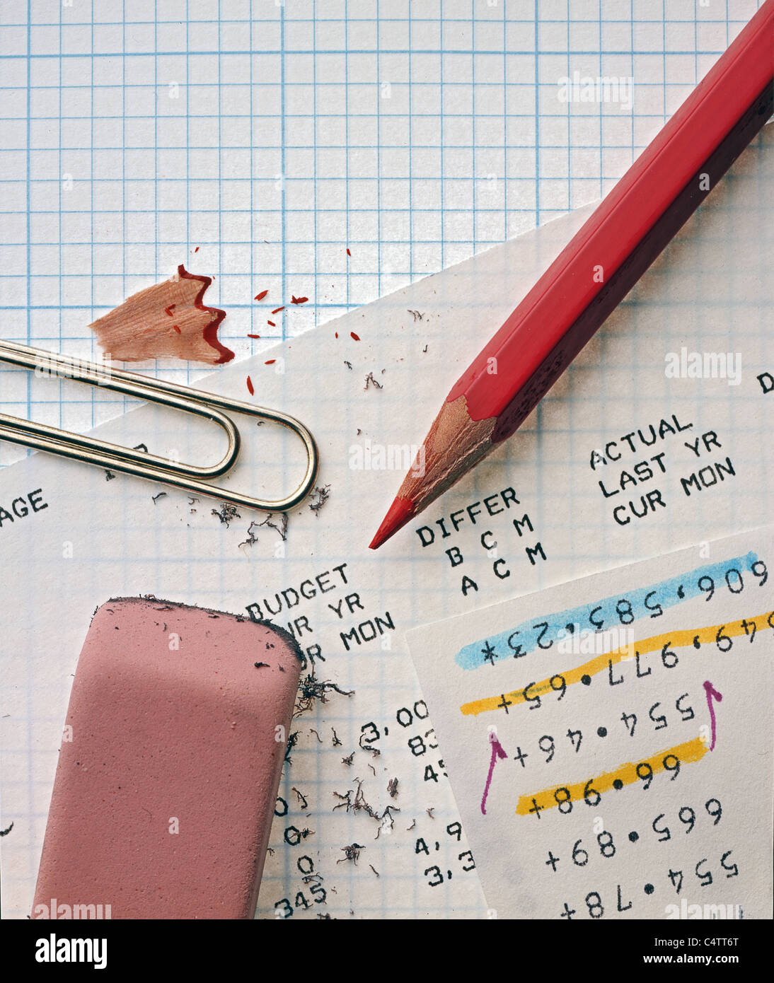 CLOSEUP OF LINED PAPER, PENCIL, ERASER, PAPER CLIP AND ACCOUNTING ...