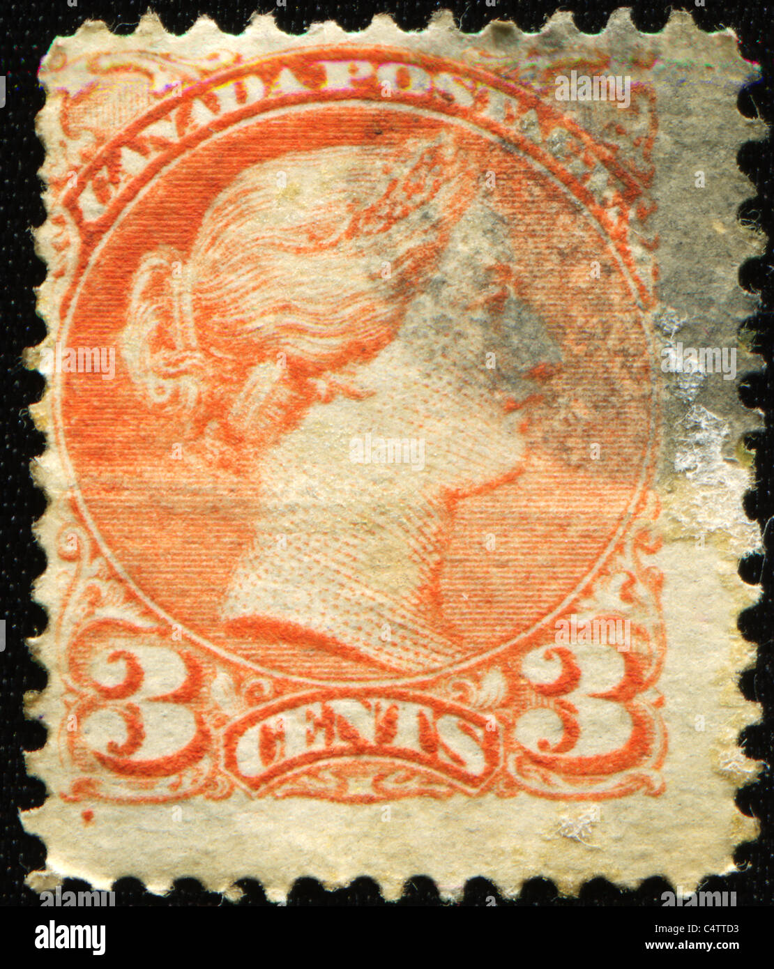 CANADA - CIRCA 1868: Canada 3c Small Queen Victoria on laid paper stamp ...