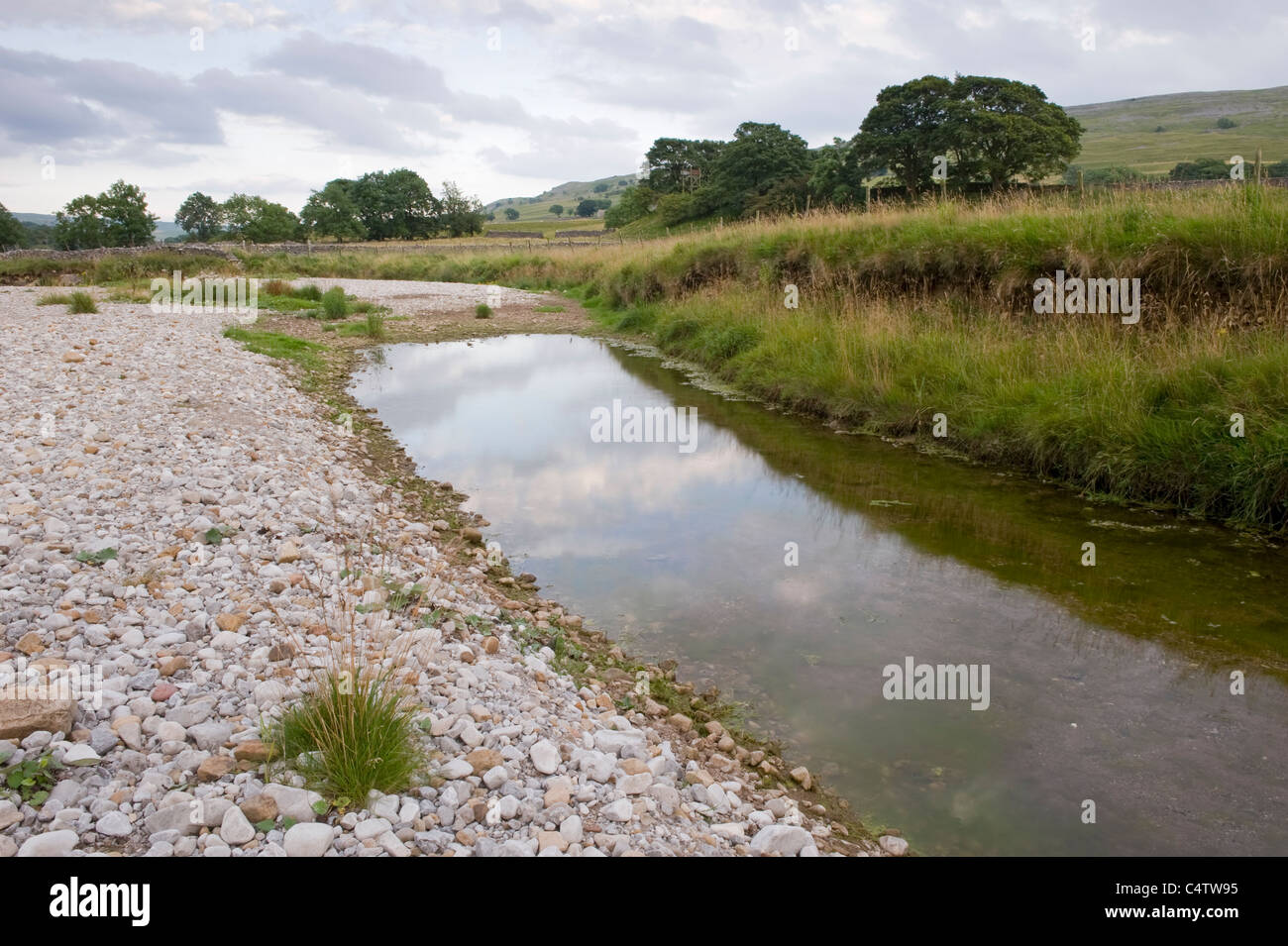 River Skirfare in flat valley (shallow water, drought, dry rocks ...