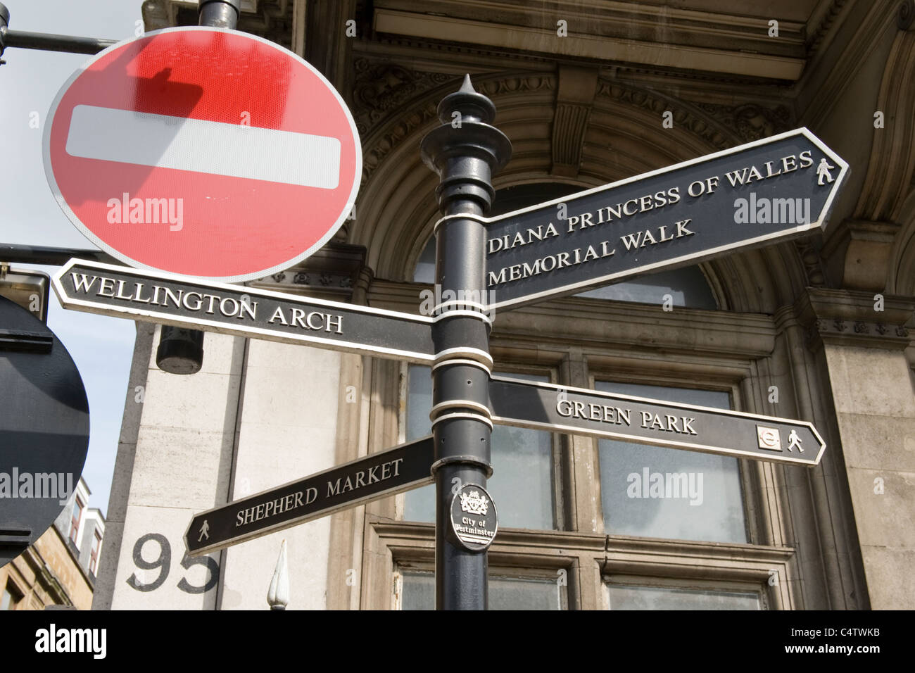 London Mayfair Piccadilly pedestrian tourist signpost to Wellington ...