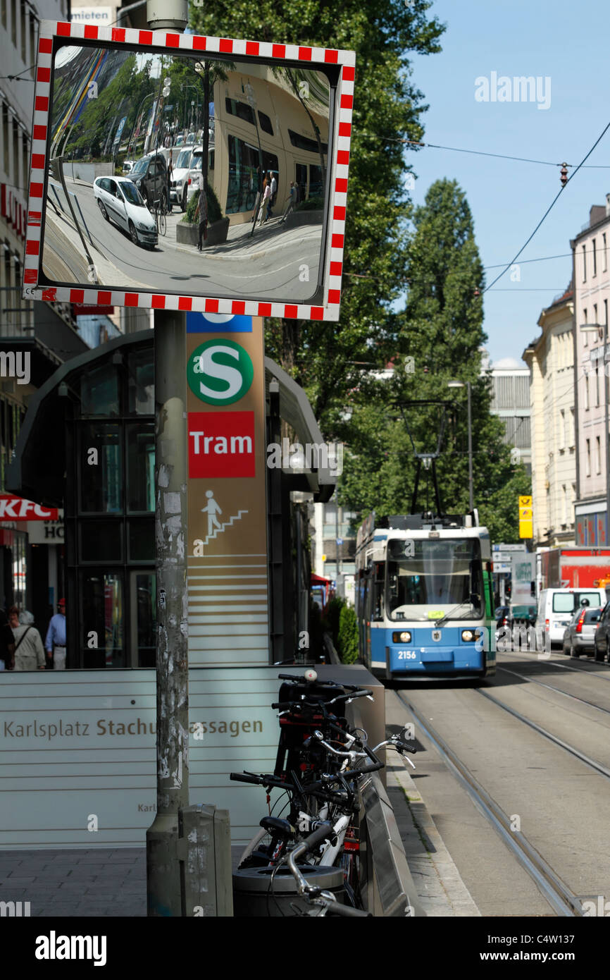 Road safety wide angle street mirror, Munich Upper Bavaria Germany ...