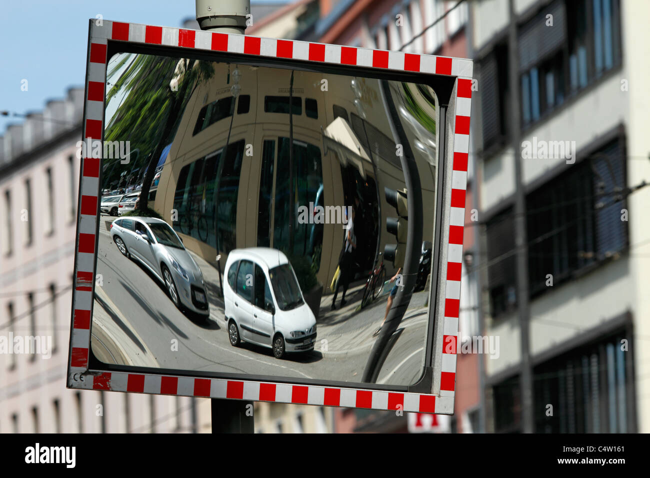 Road safety wide angle street mirror, Munich Upper Bavaria Germany ...