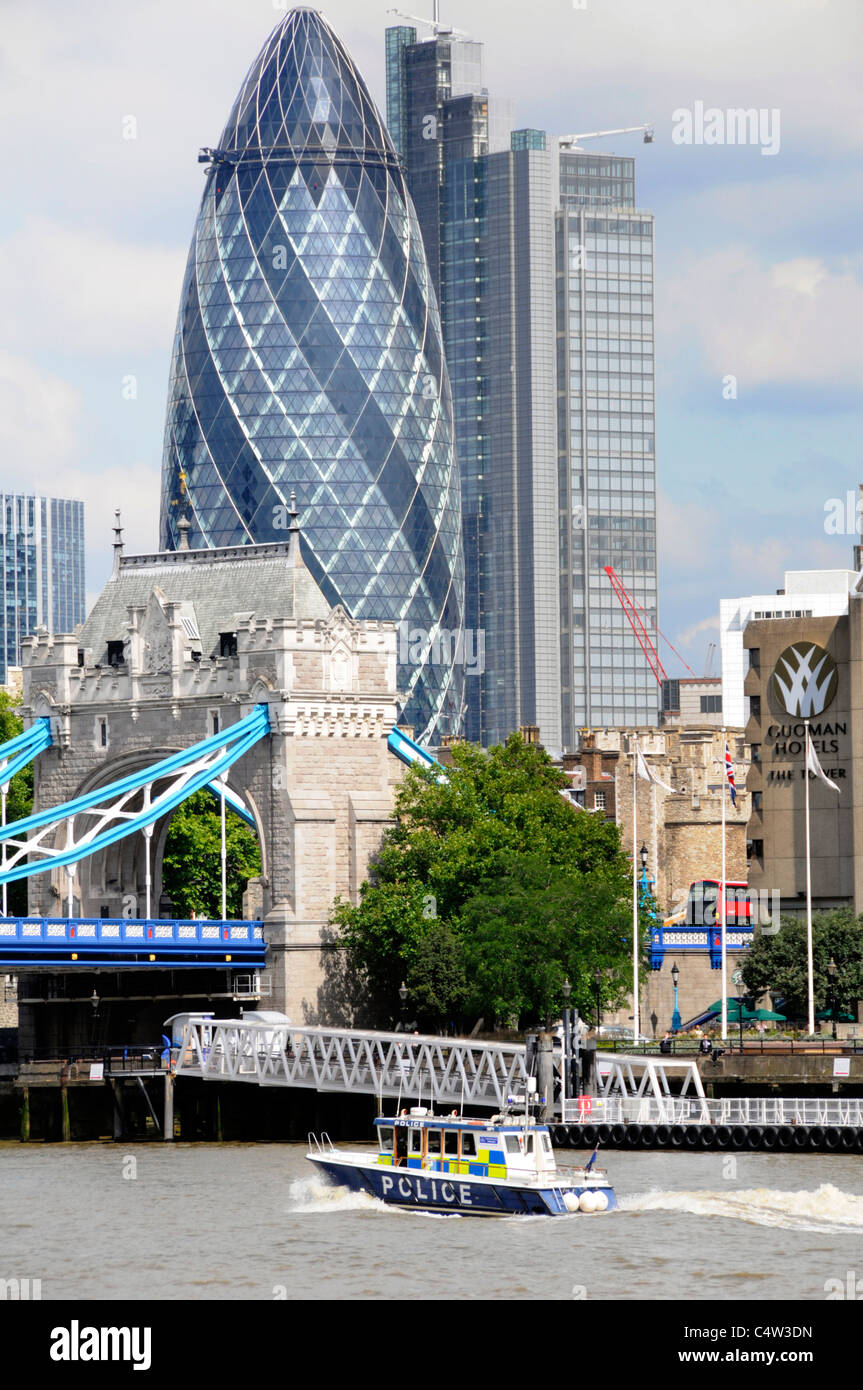 Metropolitan police patrol boat River Thames at Tower Bridge close up ...