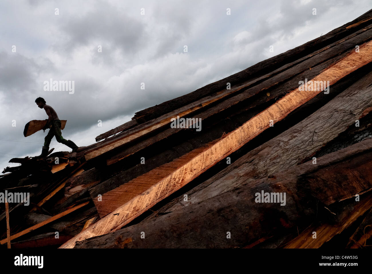 A Colombian worker, carrying a plank, walks on a pile of boards at a ...