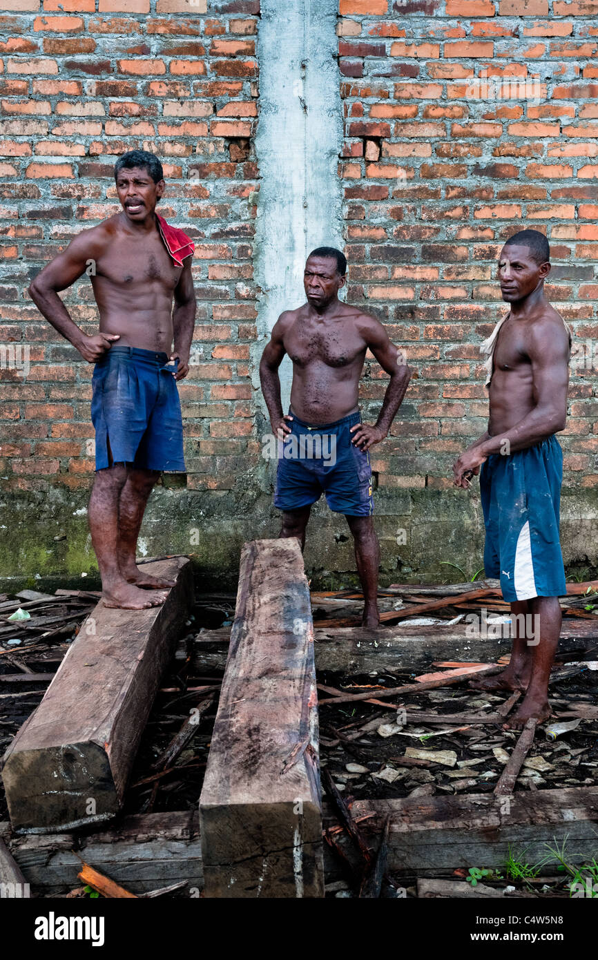 Colombian workers transport timbers from the Pacific rainforest at a ...