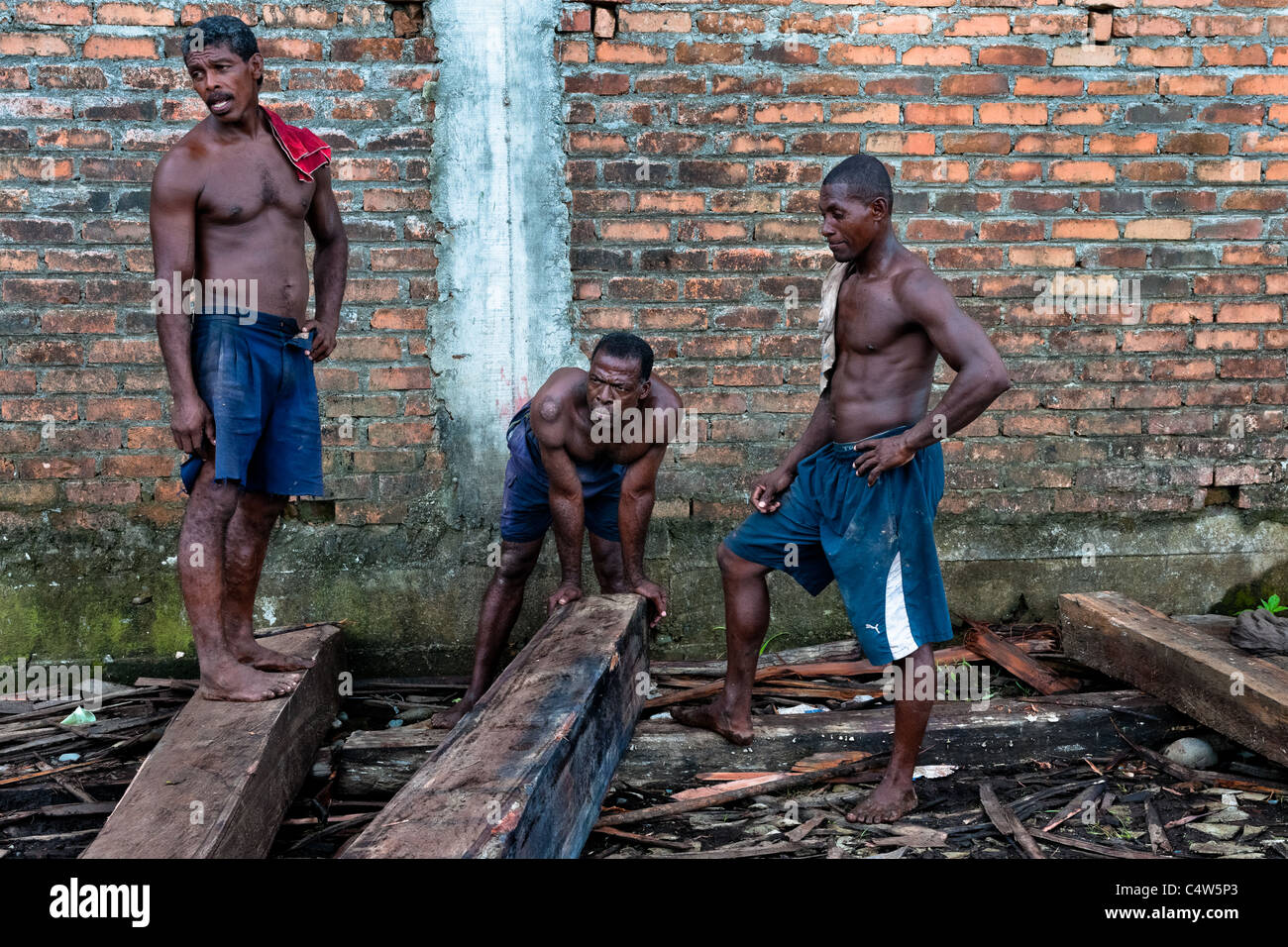 Colombian workers transport lumbers from the Pacific rainforest at a ...
