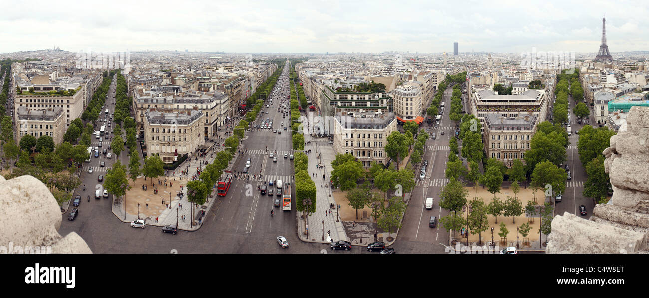 Panoramic view from the top of the Arc De Triomphe in Paris France down ...