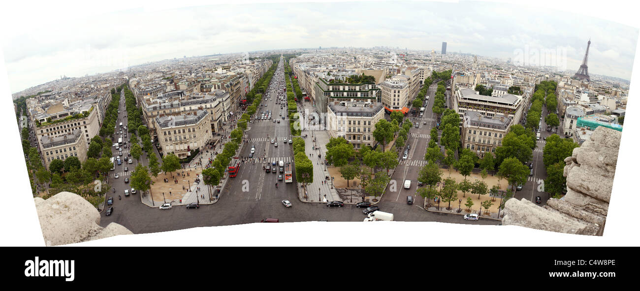Panoramic view from the top of the Arc De Triomphe in Paris France down ...