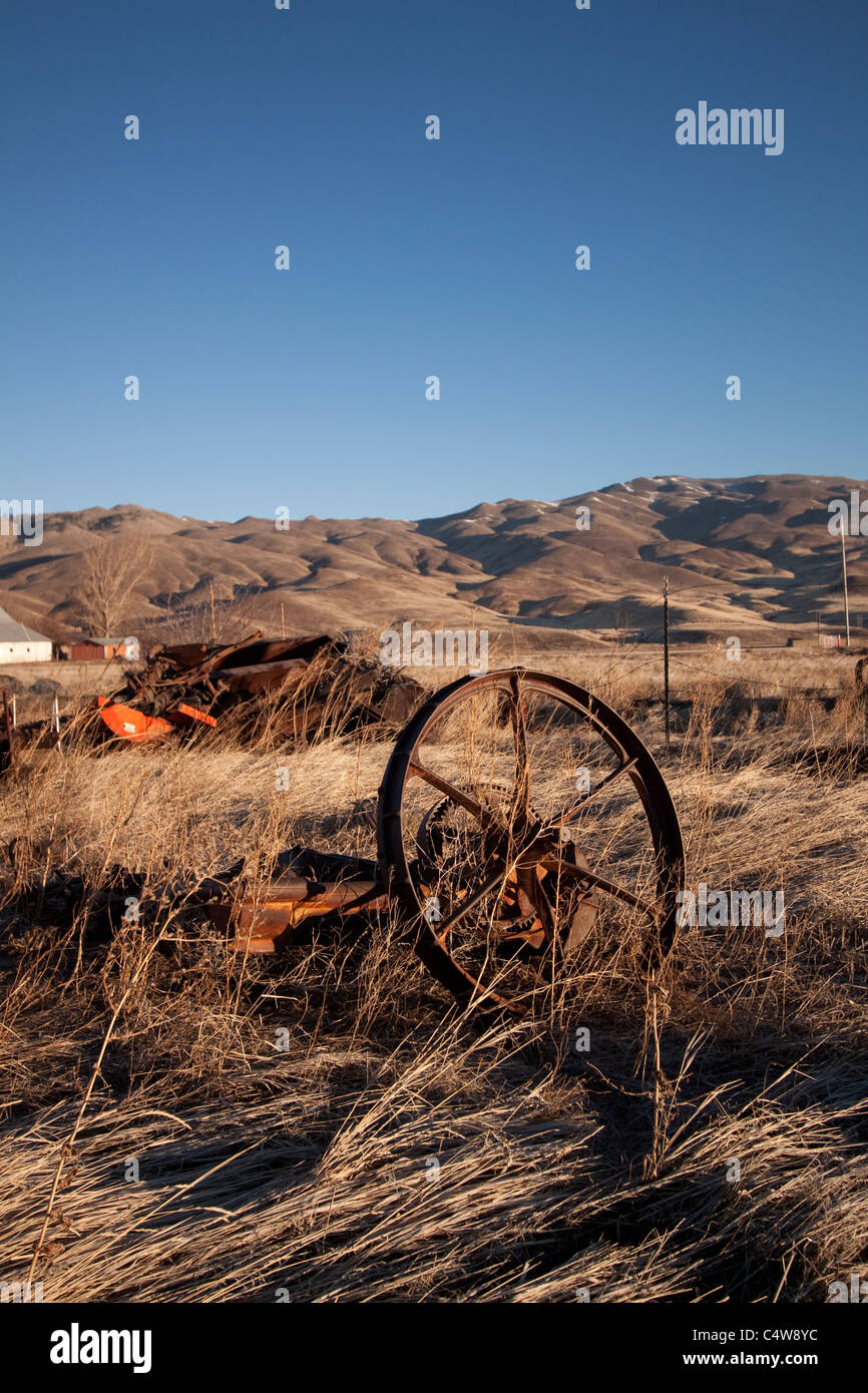 Old rustic farm equipment -- metal mechanical industrial worn wheel ...