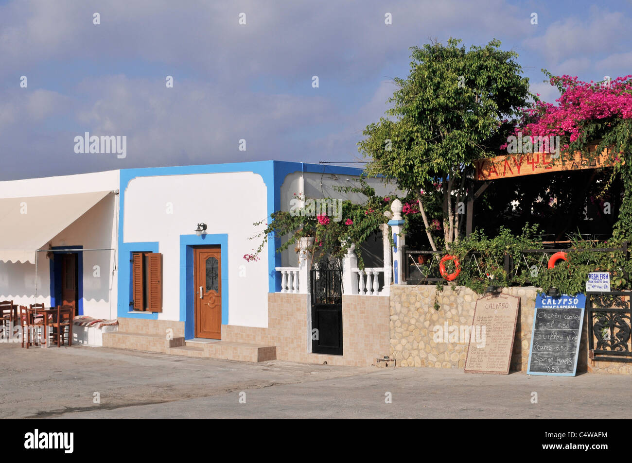 Restaurants in Lipsi town, Lipsi Island, Dodecanese, Greece Stock Photo ...