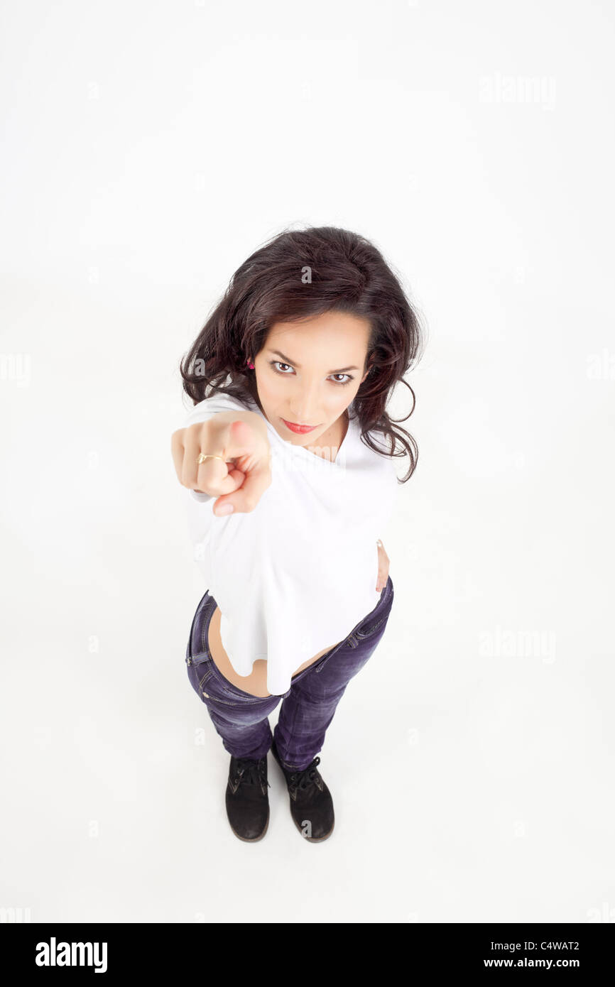 shot from above of a young woman pointing at camera Stock Photo - Alamy