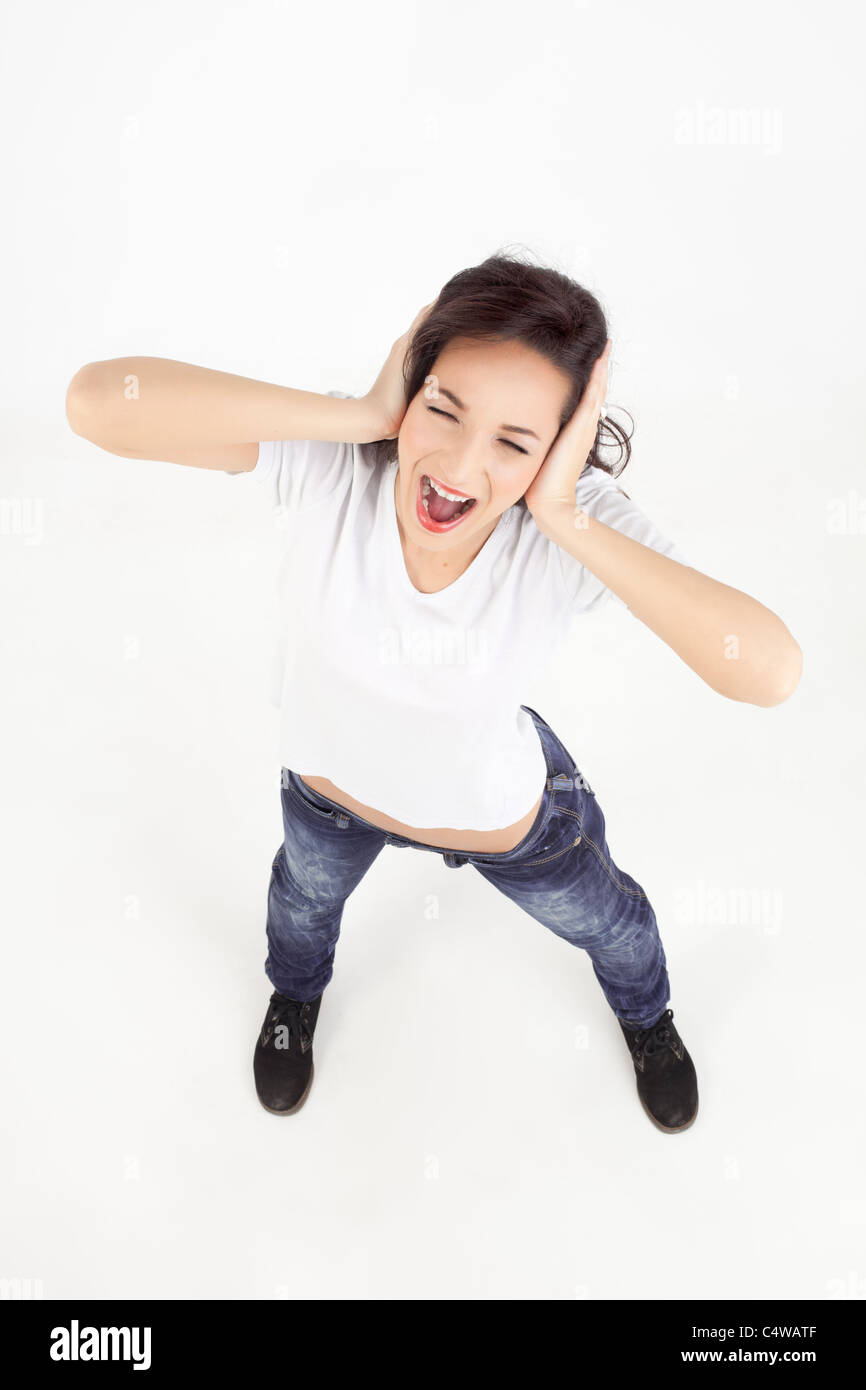 shot from above of a young woman screaming Stock Photo - Alamy