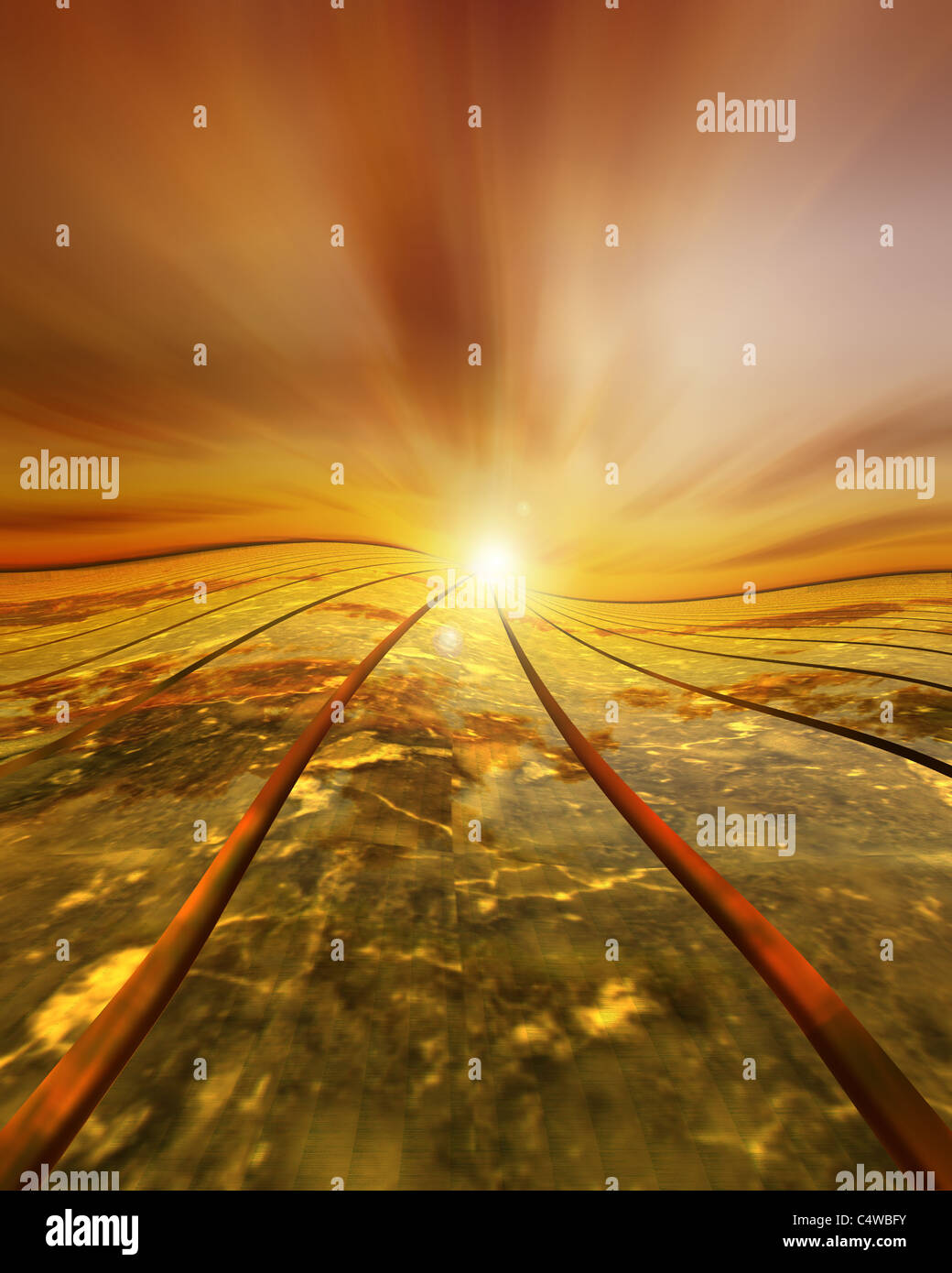 Curved grid upheaval distortion road gold ahead Stock Photo - Alamy